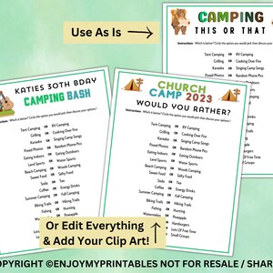 Printable Editable Camping Games Bundle for Kids & Adults | Family ...