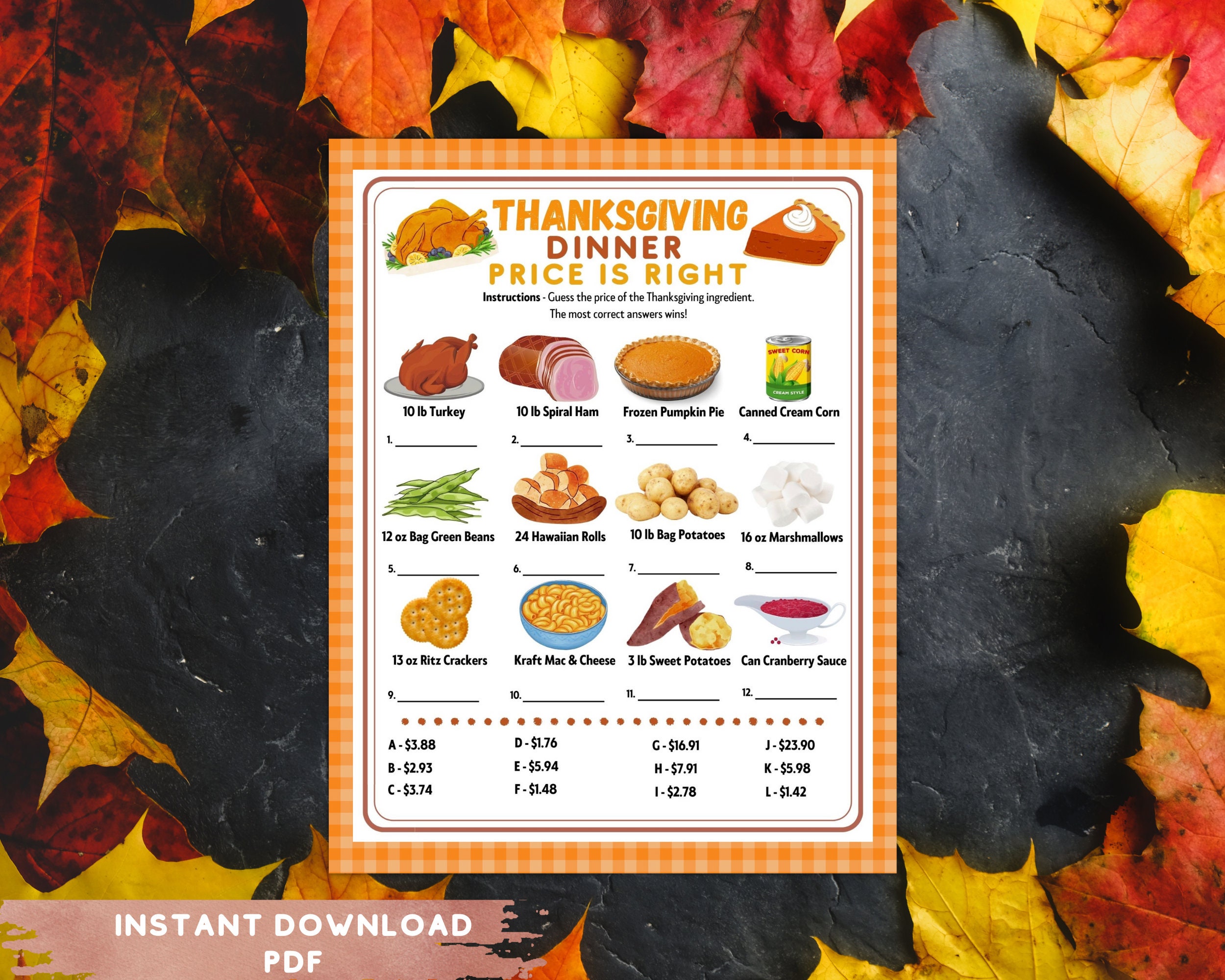 Thanksgiving Dinner Price is Right Printable Trivia Game, Group Game ...