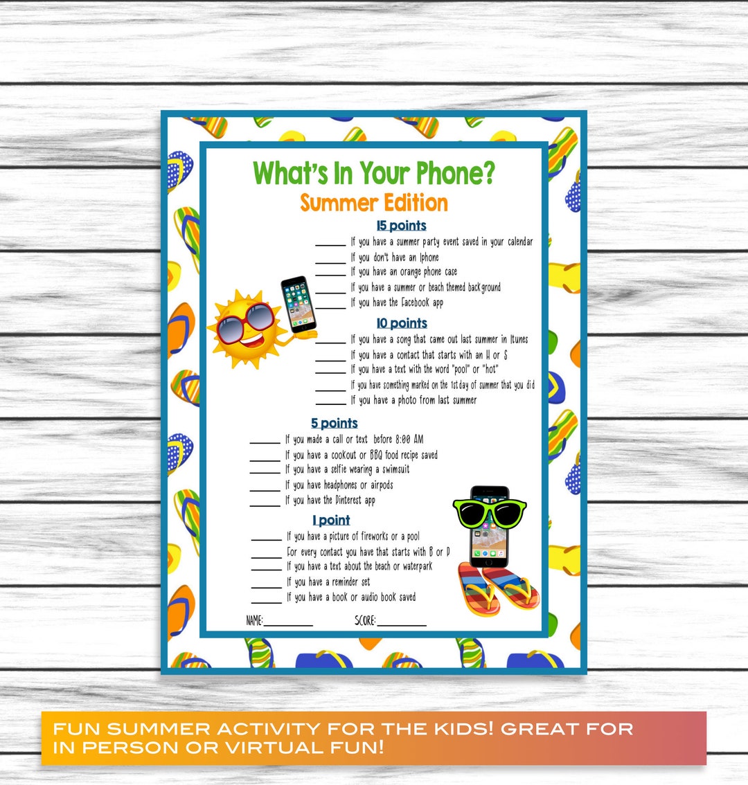 Summer Whats in Your Phone, Party Game, Phone Game, for Adults Kids ...