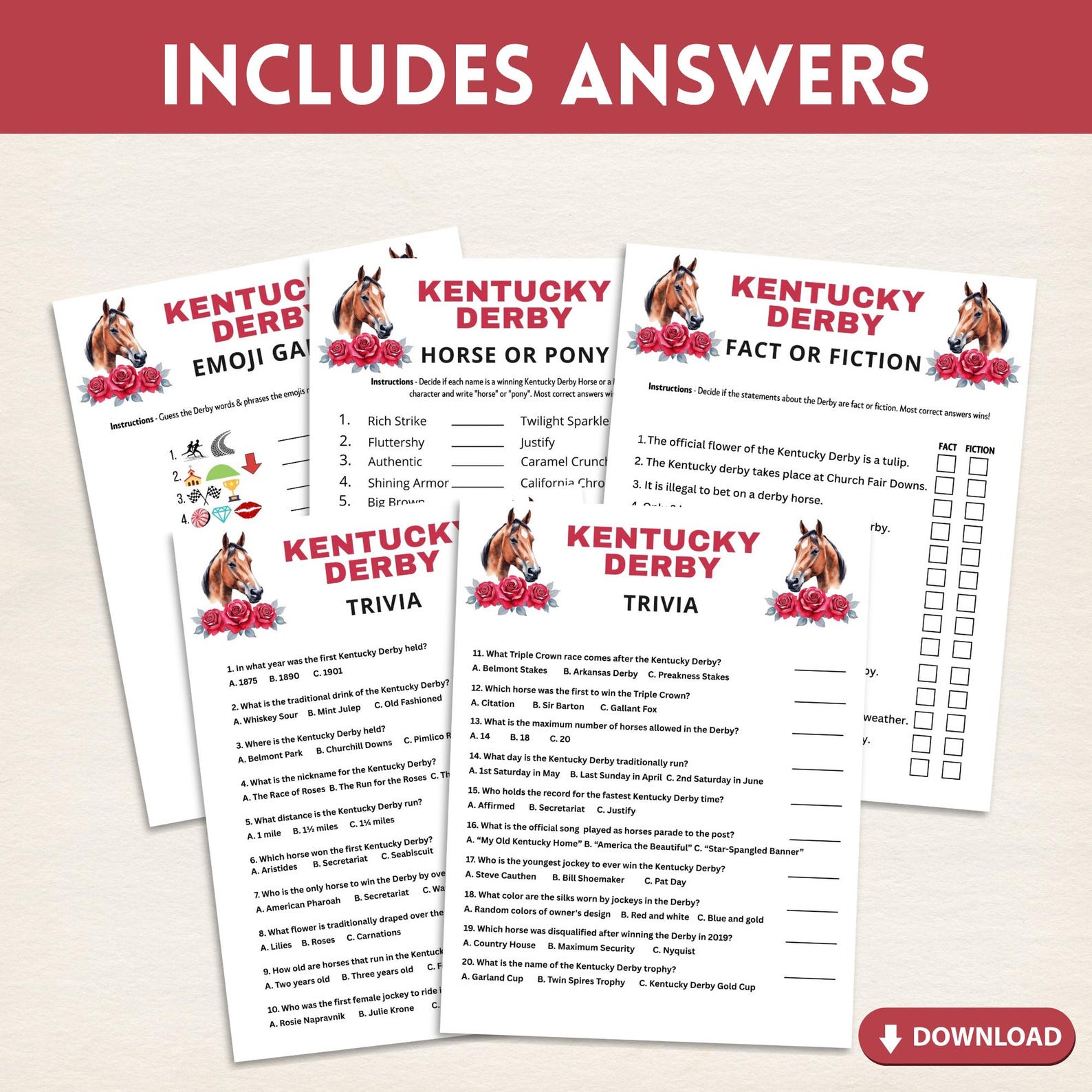 Printable Kentucky Derby Trivia Game Bundle, Derby Party Game, Trivia ...