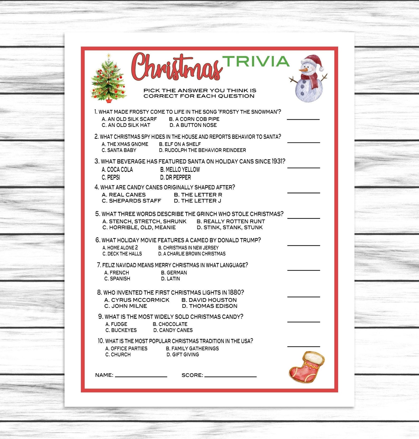 Christmas Trivia Game, Printable or Virtual Holiday Party Game for Kids ...