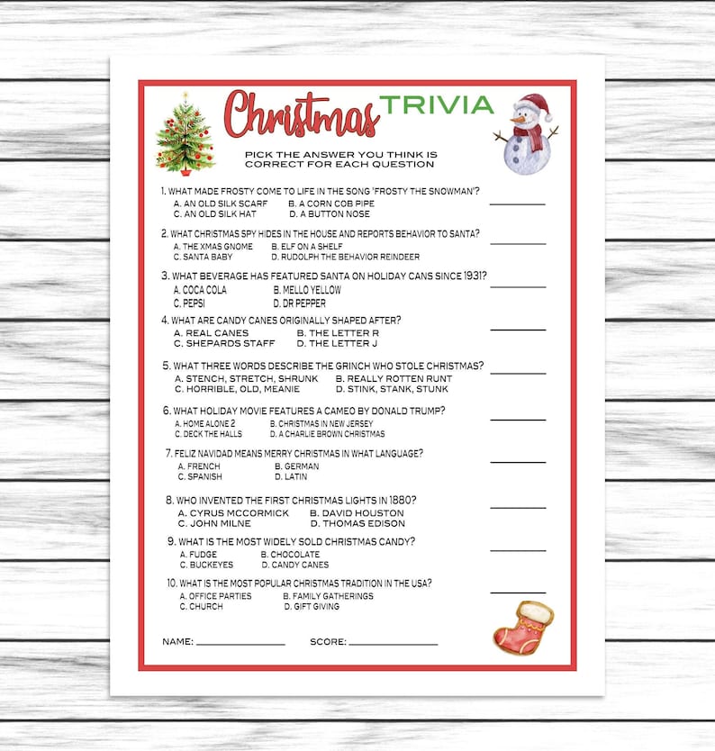 Christmas Trivia Game, Printable or Virtual Holiday Party Game for Kids ...