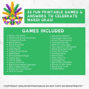 Mardi Gras Printable Games Answers Bundle | Fat Tuesday Party Games ...