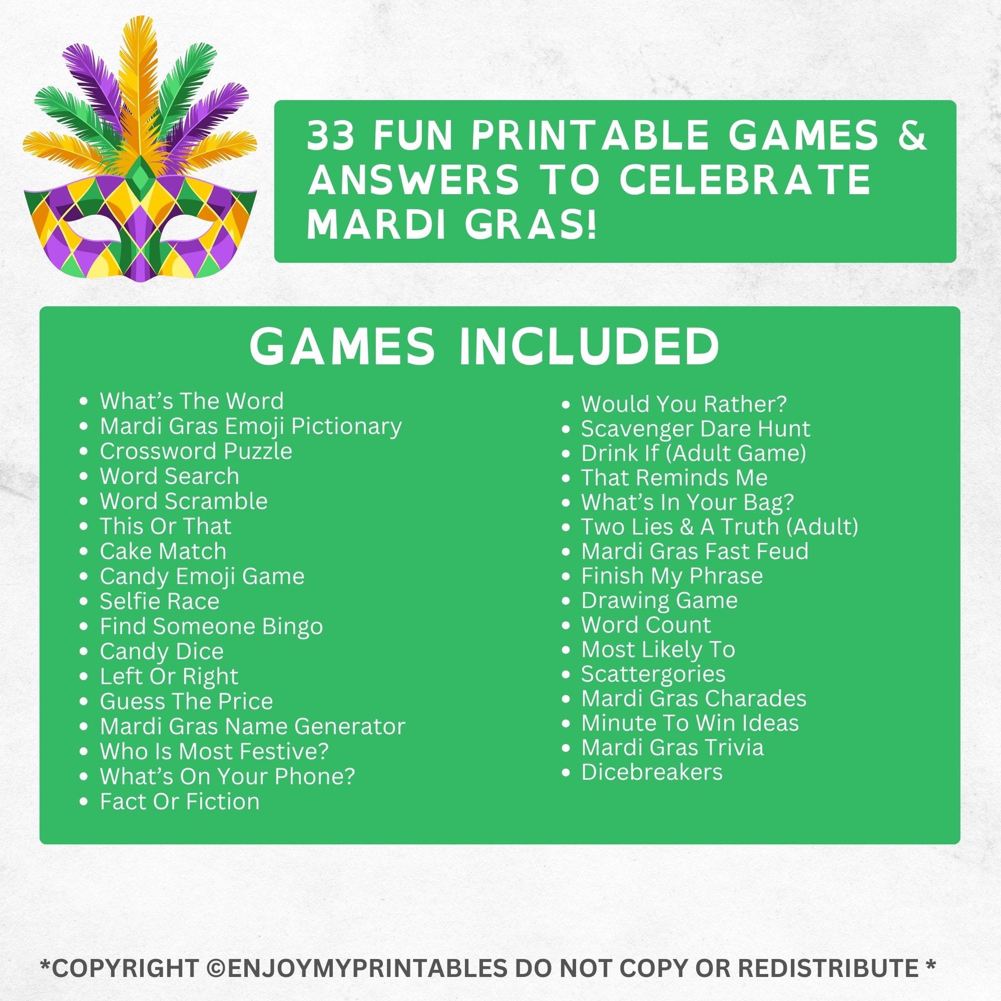 Mardi Gras Printable Games Answers Bundle | Fat Tuesday Party Games ...