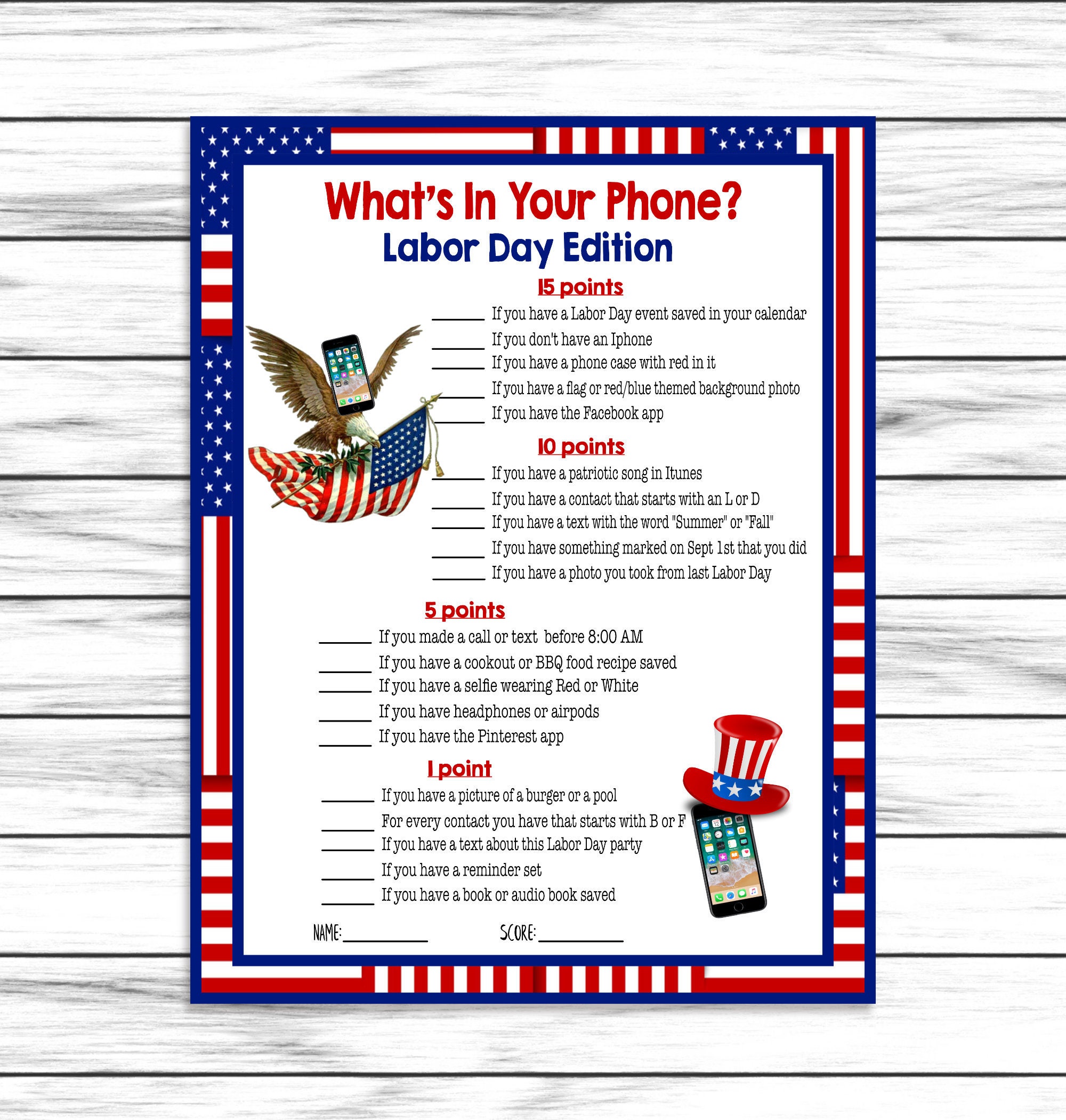 Labor Day Whats in Your Phone Party Game Phone Game for - Etsy