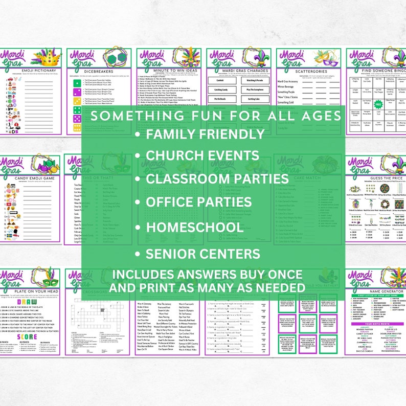 Mardi Gras Printable Games Answers Bundle | Fat Tuesday Party Games ...