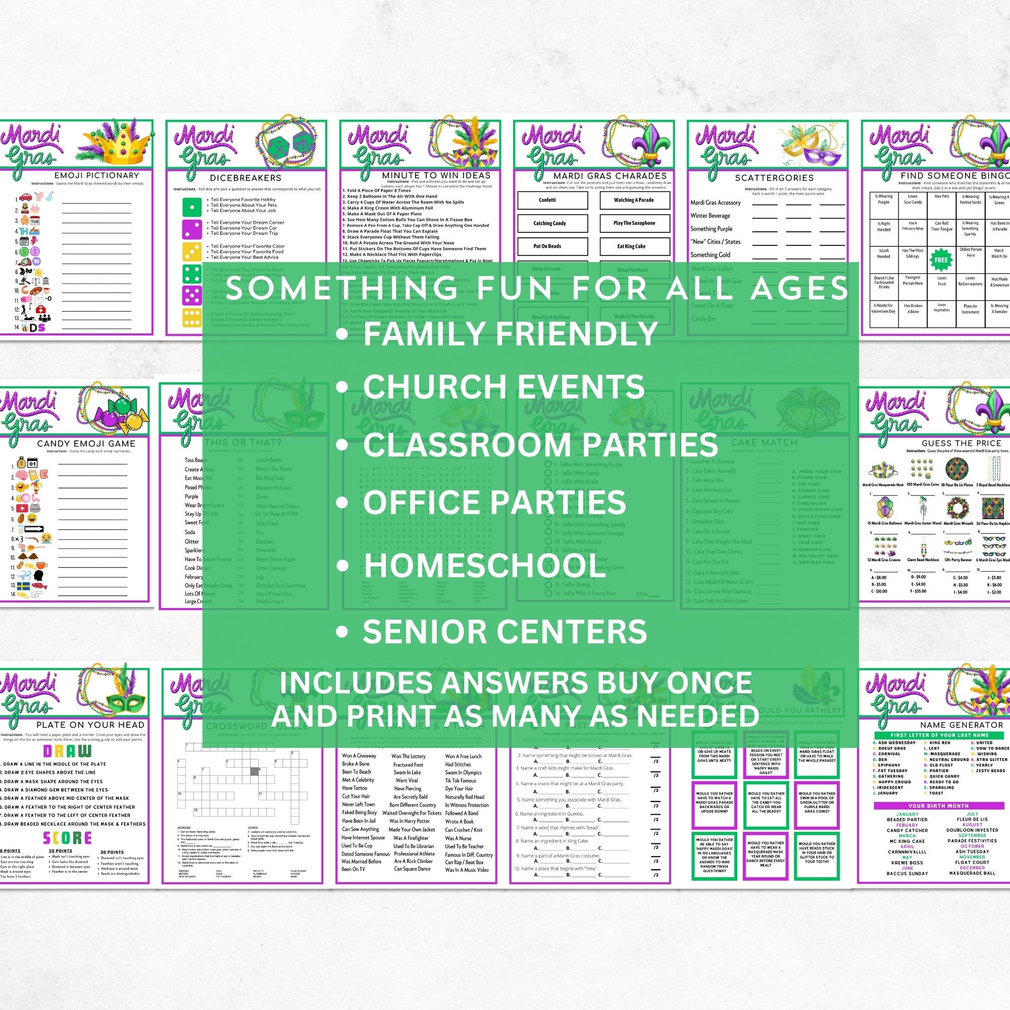 Mardi Gras Printable Games Answers Bundle | Fat Tuesday Party Games ...