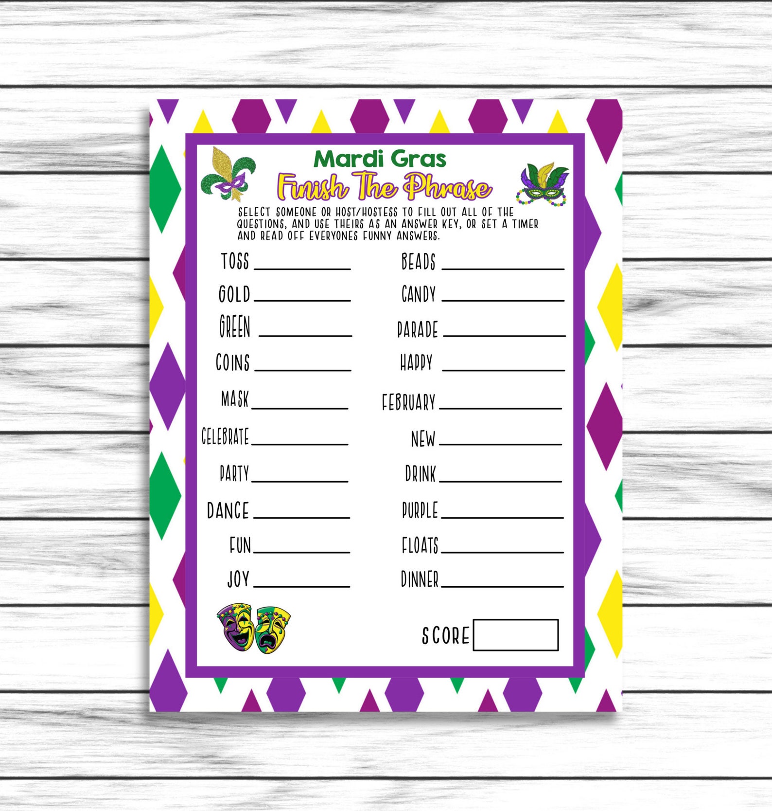 Mardi Gras Party Game Finish the Phrase Word Game Mardi | Etsy