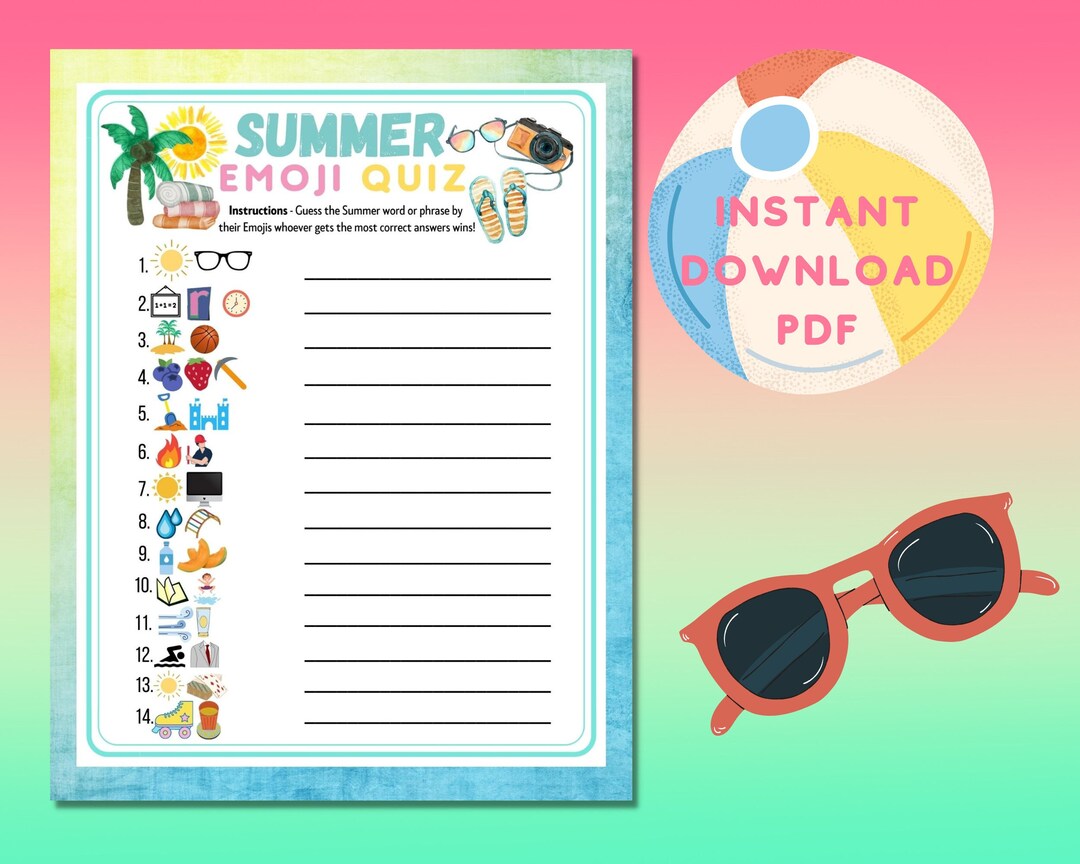 Summer Party Emoji Pictionary Game Quiz, for Adults Kids, Summer Party ...