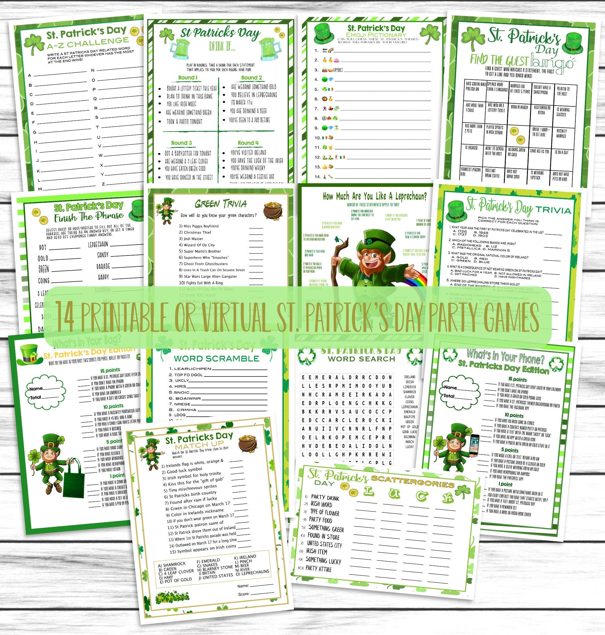 14 St Patricks Day Printable or Virtual Party Games Trivia | Etsy