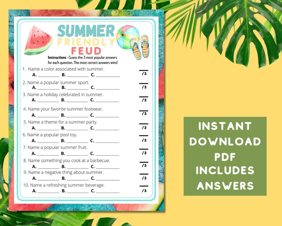 Summer Family Feud Trivia Party Game, Family Reunion Quiz, Summer ...