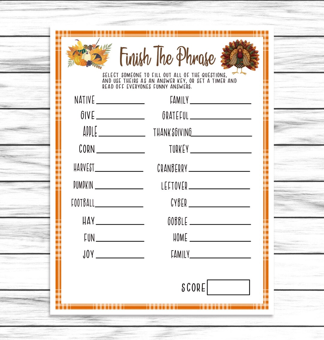 Thanksgiving Finish the Phrase Word Game, Printable or Virtual Turkey ...