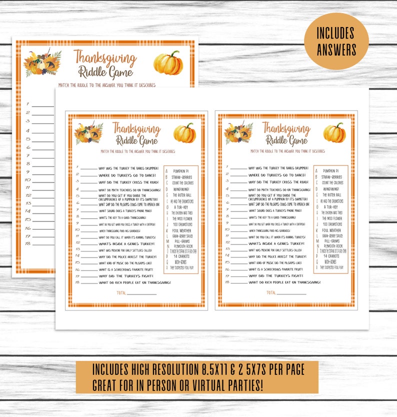 Thanksgiving Riddle Game, Printable or Virtual Turkey Day Trivia Quiz ...