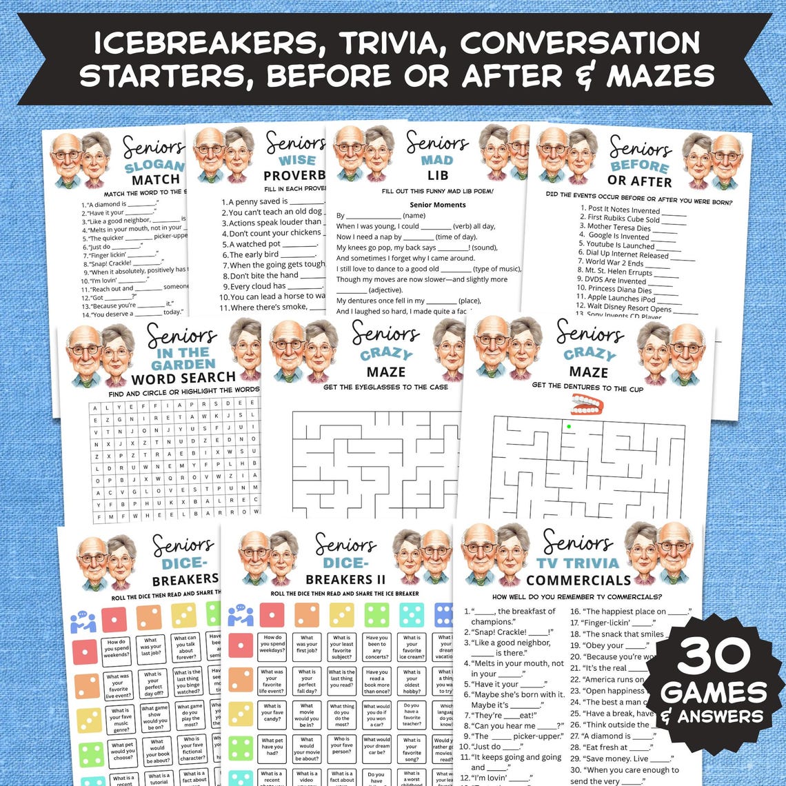 Ultimate 30 Senior Game Bundle Printable, Fun Nursing Home & Assisted ...