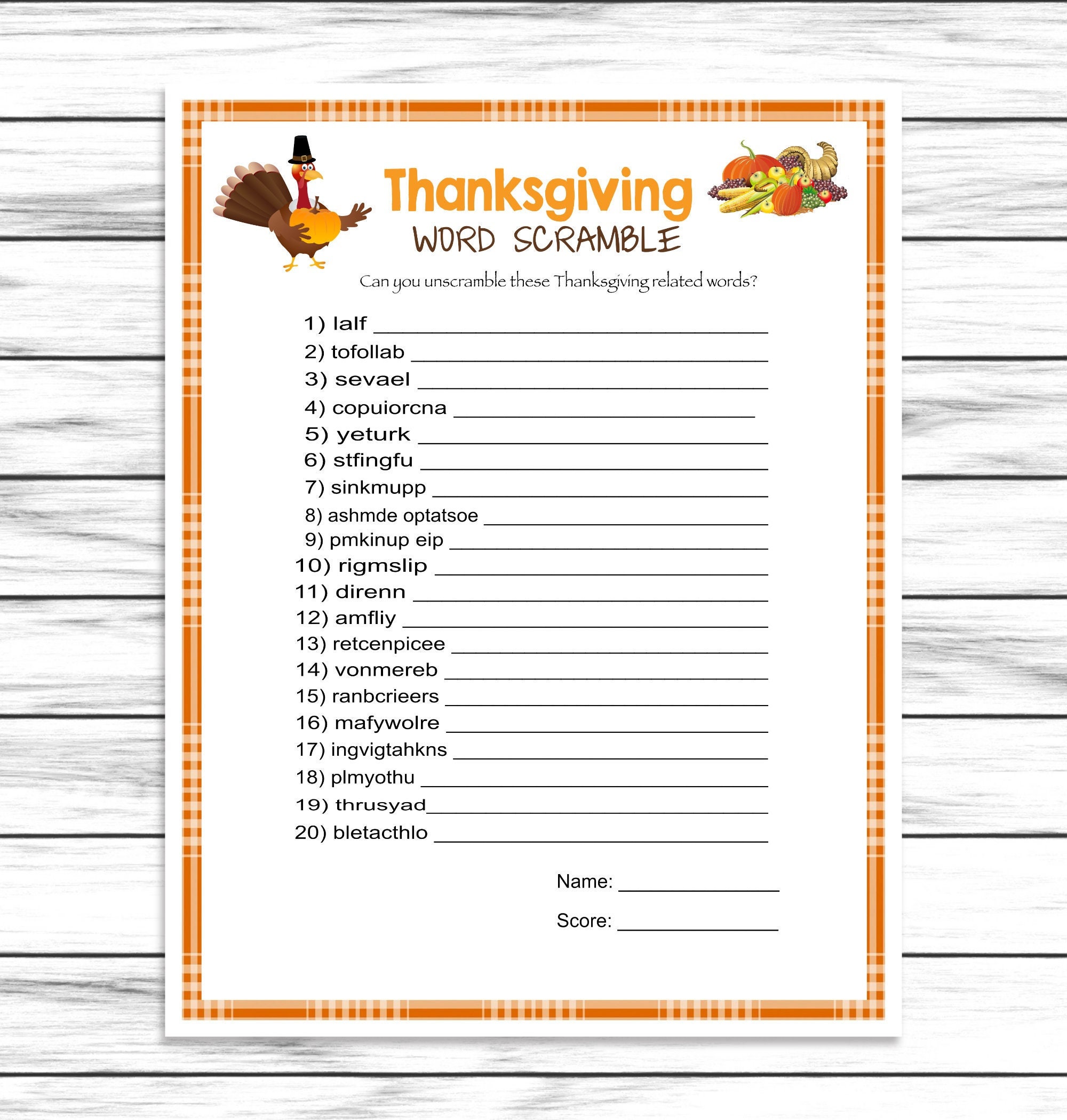 Thanksgiving Word Scramble