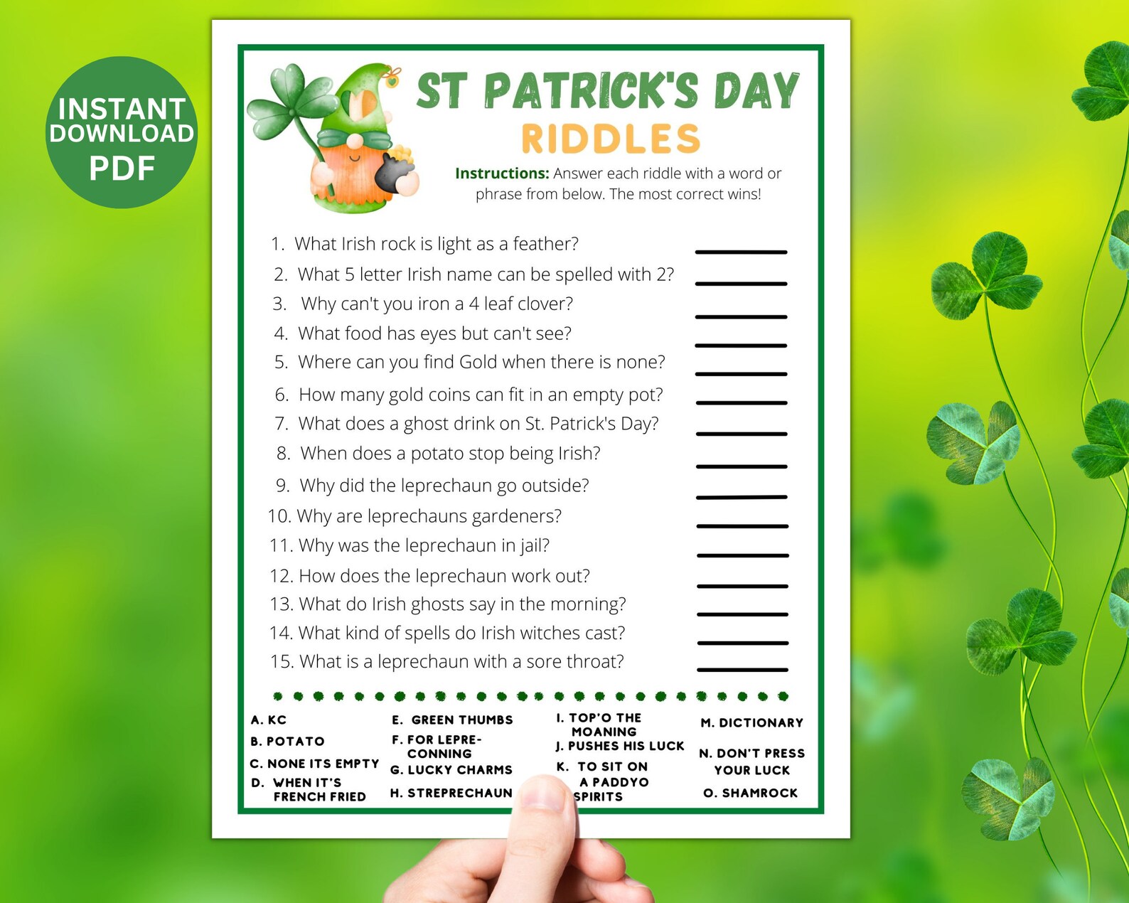 St Patricks Day Riddles Printable Game | St Paddys Office Classroom ...