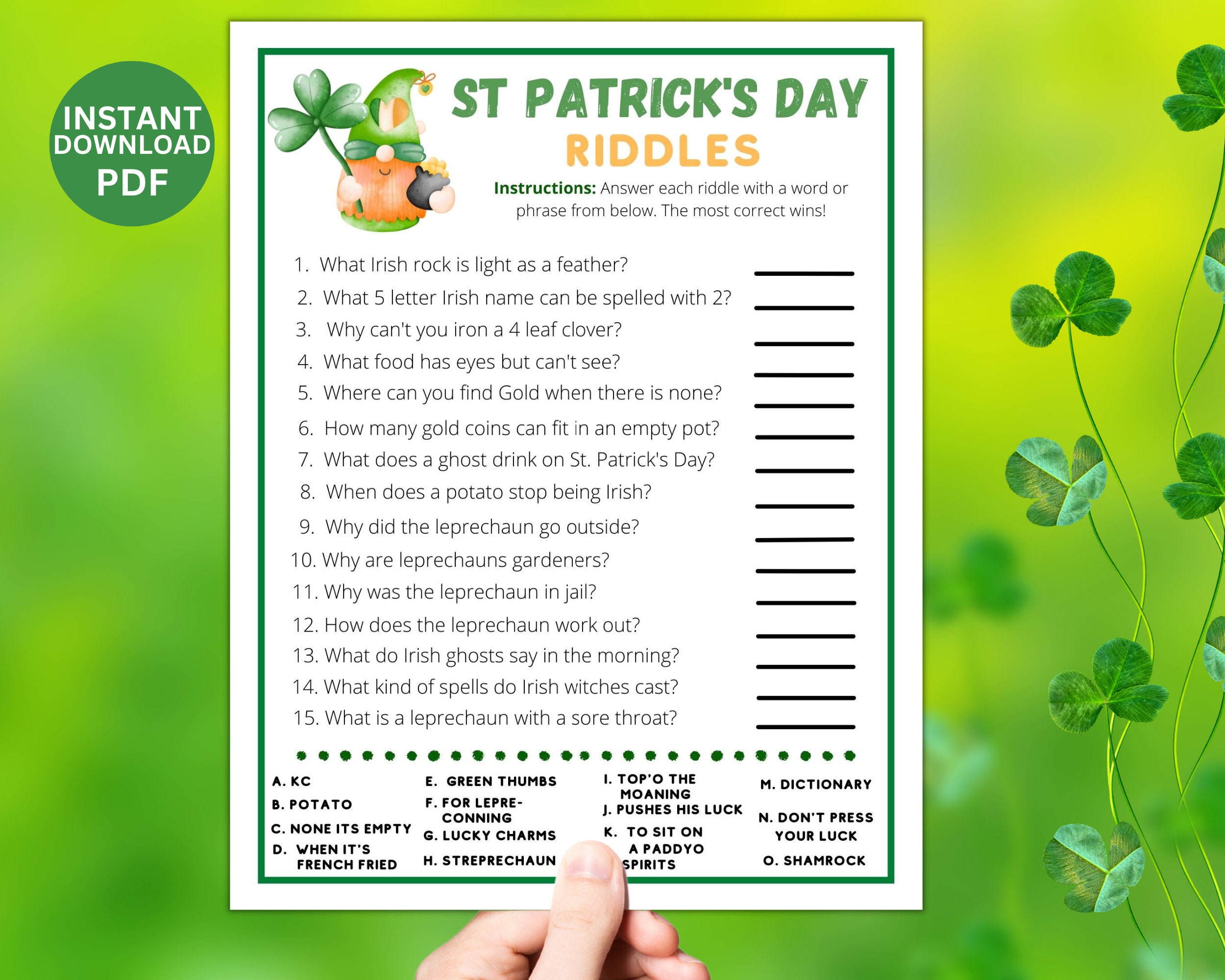 St Patricks Day Riddles Printable Game | St Paddys Office Classroom ...