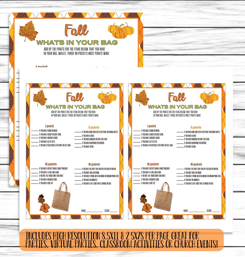 Fall Whats in Your Bag Game, Printable or Virtual Fun Game for Adults ...