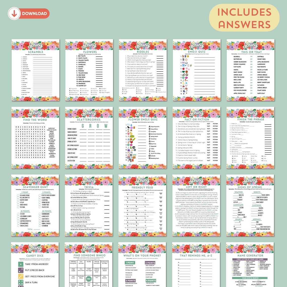 Spring Break Printable Games Mega Bundle With Answers | Flowers Emoji ...