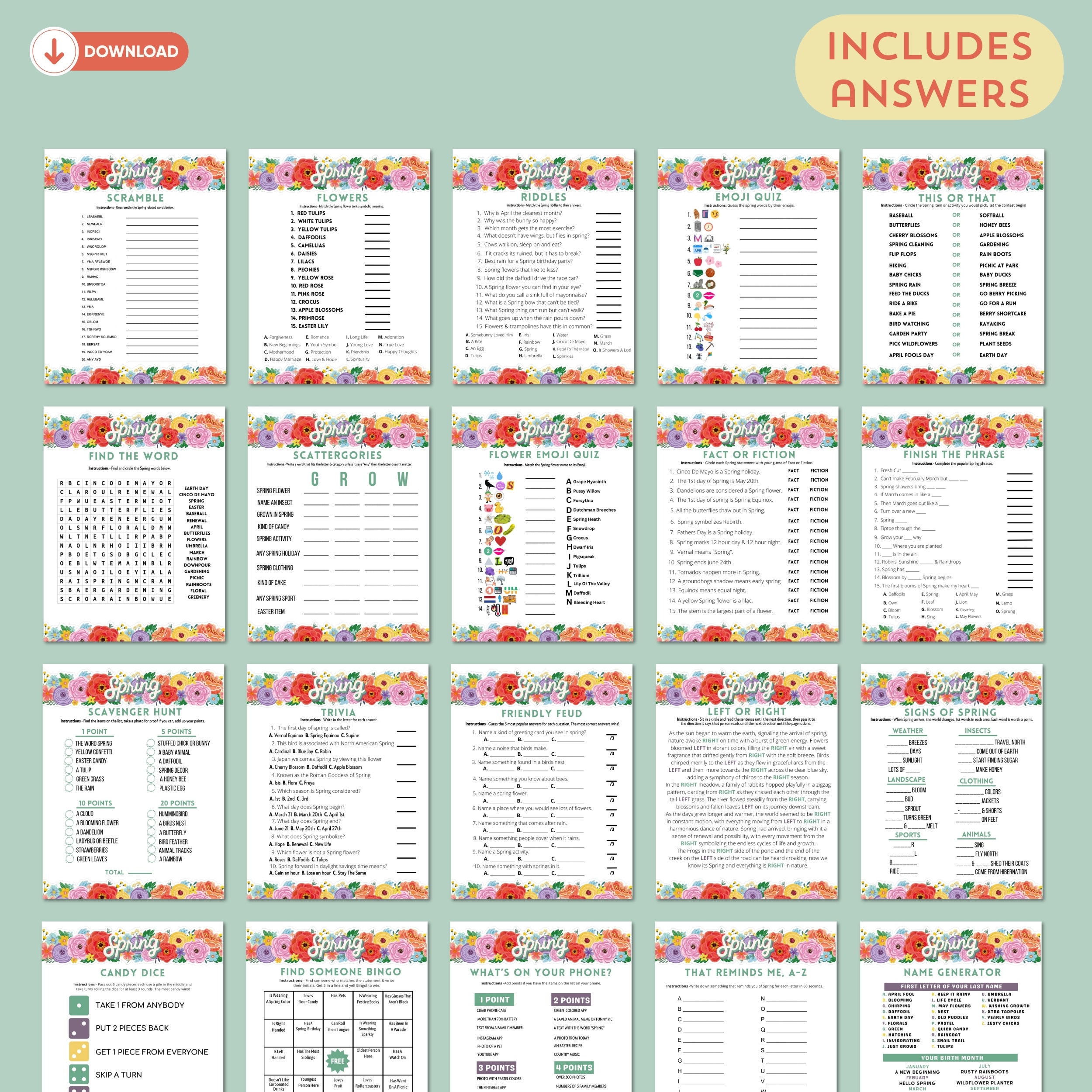 Spring Break Printable Games Mega Bundle With Answers | Flowers Emoji ...
