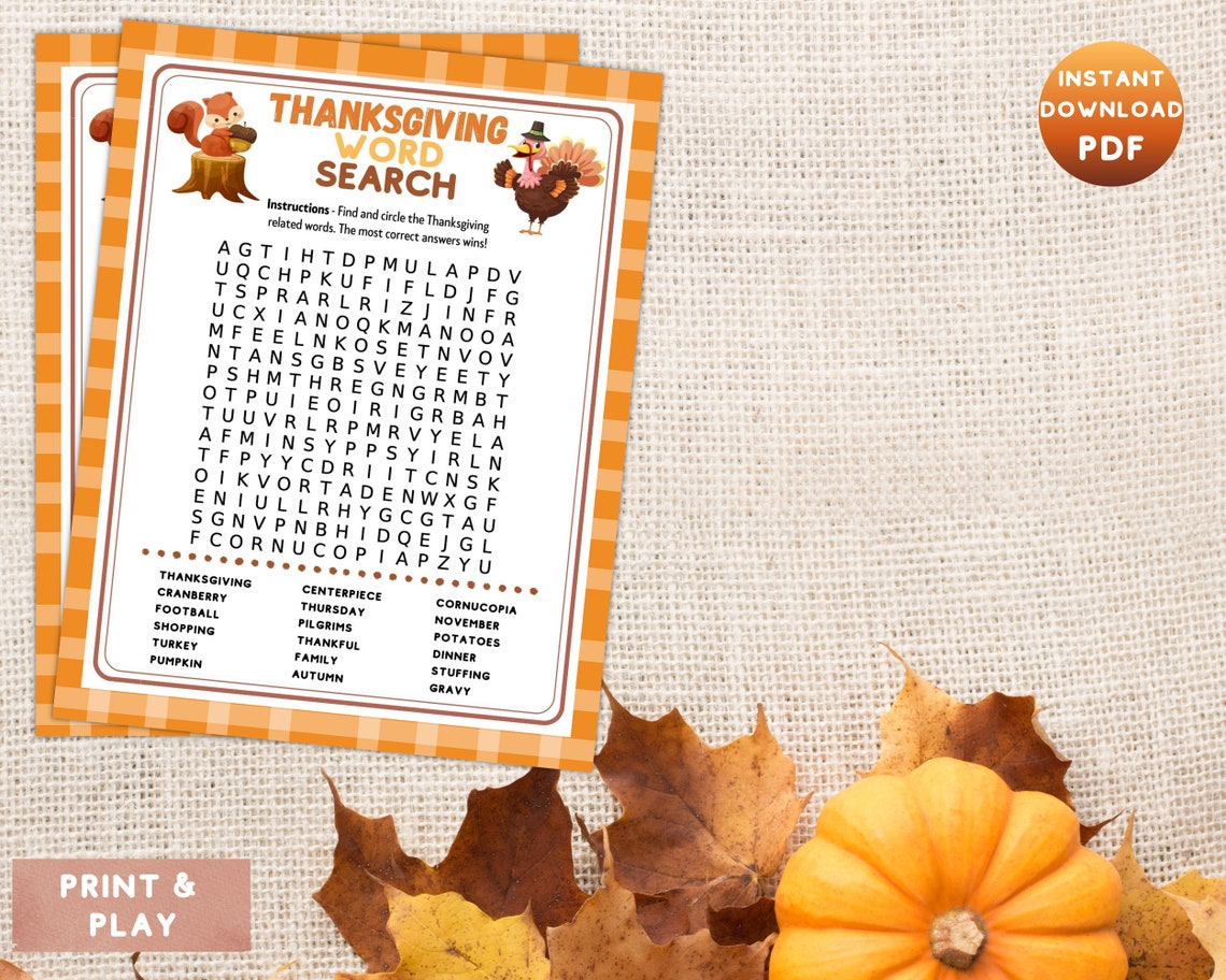 Thanksgiving Word Find Search Game Printable Virtual Turkey - Etsy
