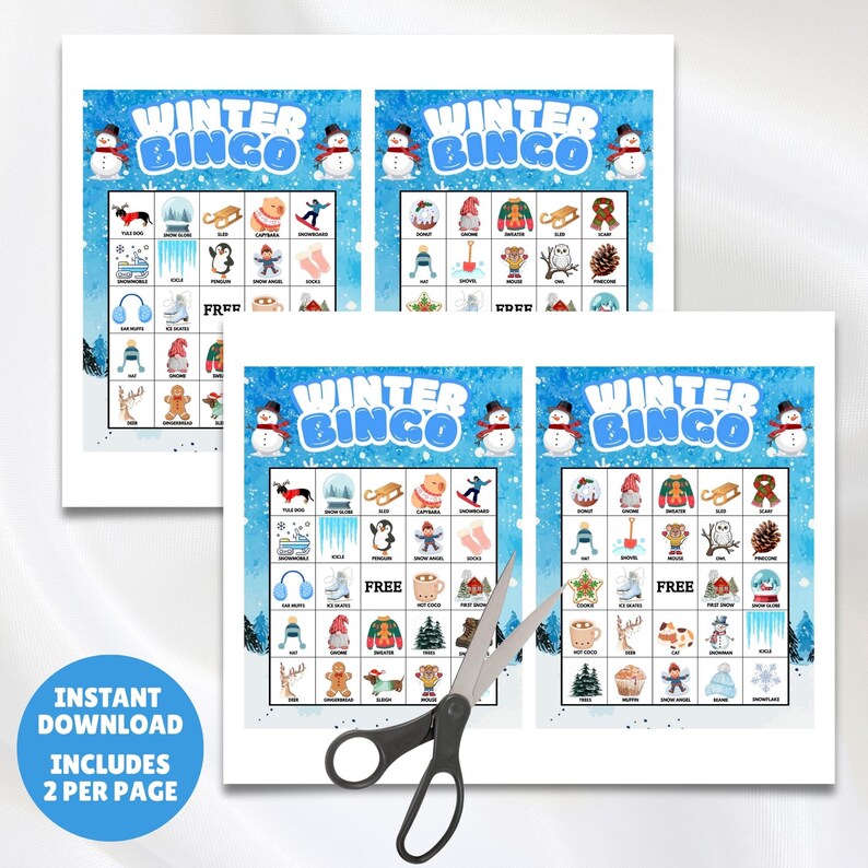 Printable Winter Bingo Game | 100 Unique Cards | Snowman Holiday Party ...