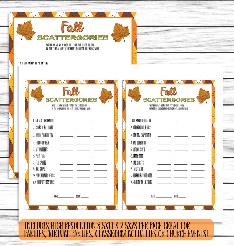 Fall Scattergories Game, Printable or Virtual Game for Adults and Kids ...