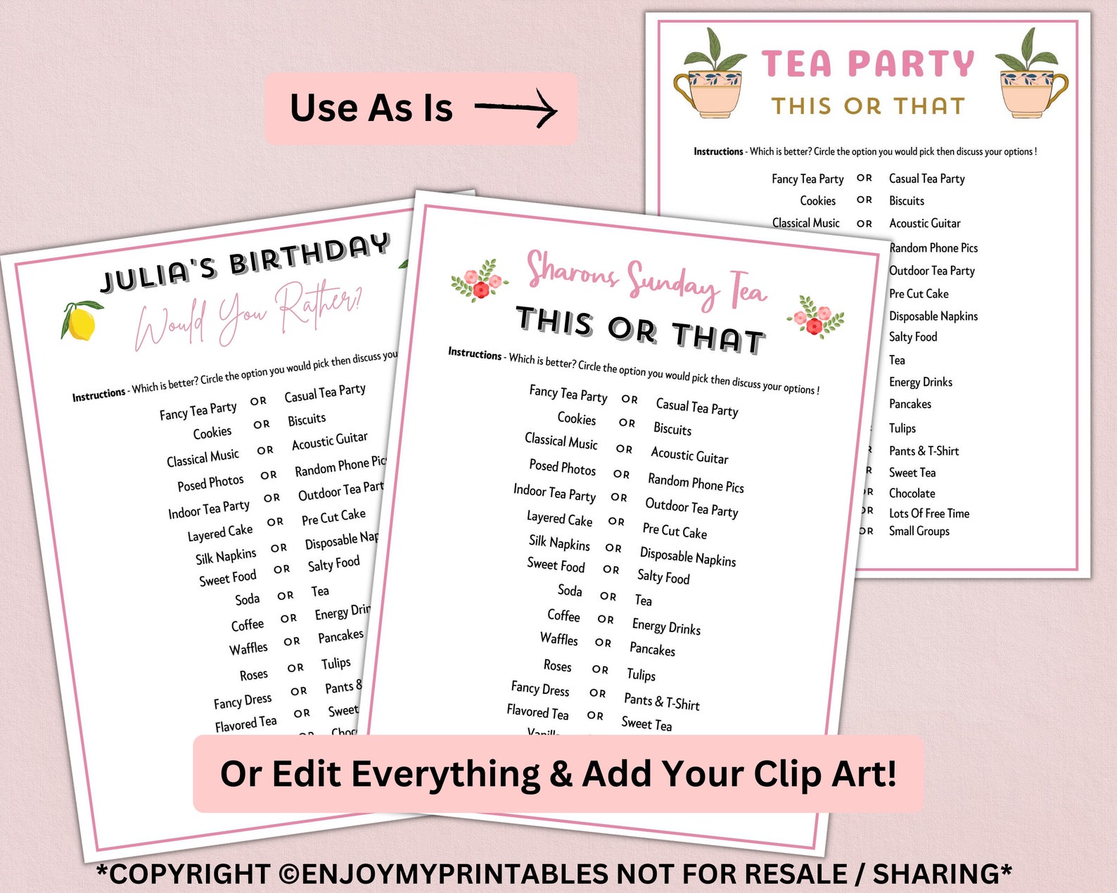 Printable Tea Party Games Adults Kids Toddler | Editable High Tea Quiz ...