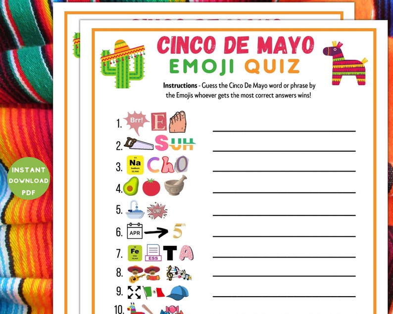 Printable Cinco De Mayo Game Emoji Pictionary Party Game | Emoji Quiz ...
