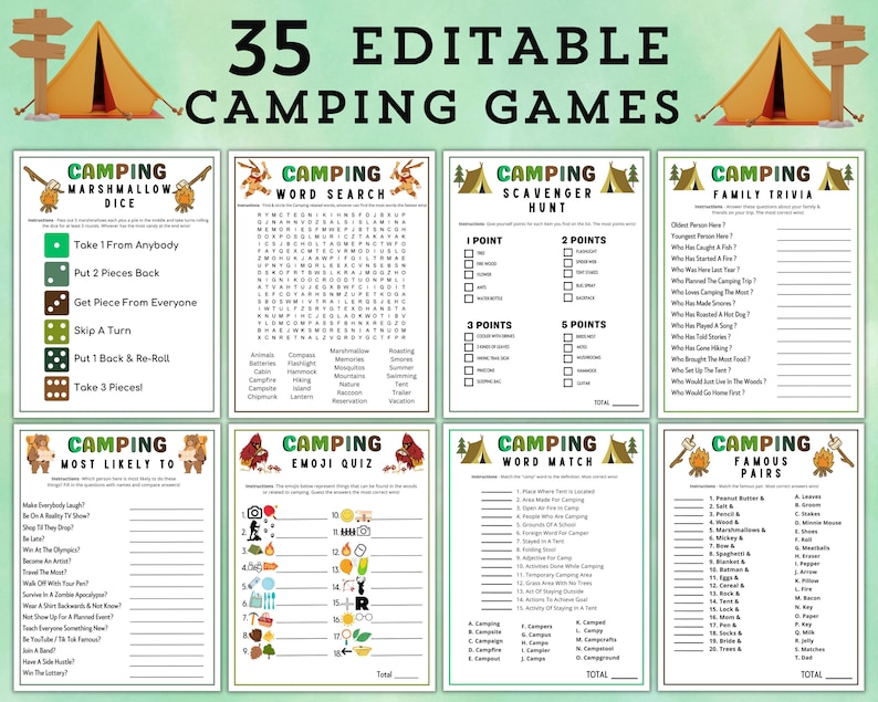 Printable Editable Camping Games Bundle for Kids & Adults | Family ...