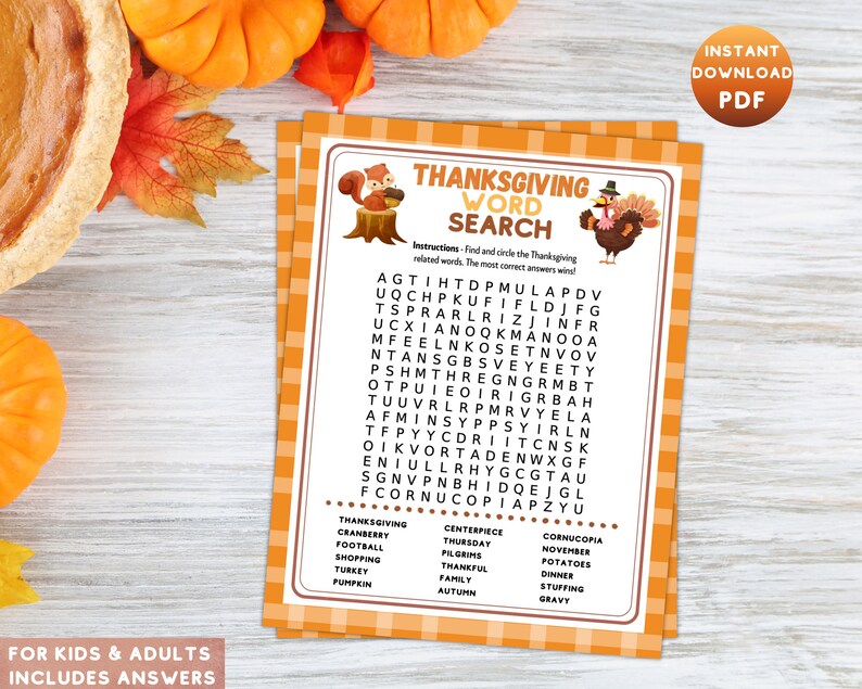 Thanksgiving Word Find Search Game, Printable Virtual Turkey Day Puzzle ...