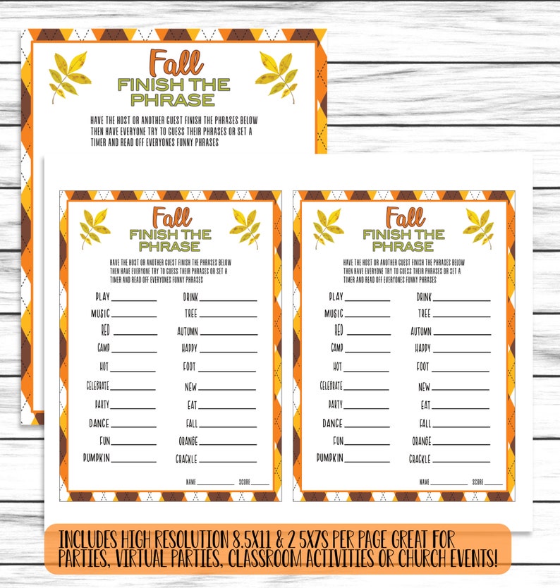 Fall Finish the Phrase Game Printable or Virtual Game for - Etsy