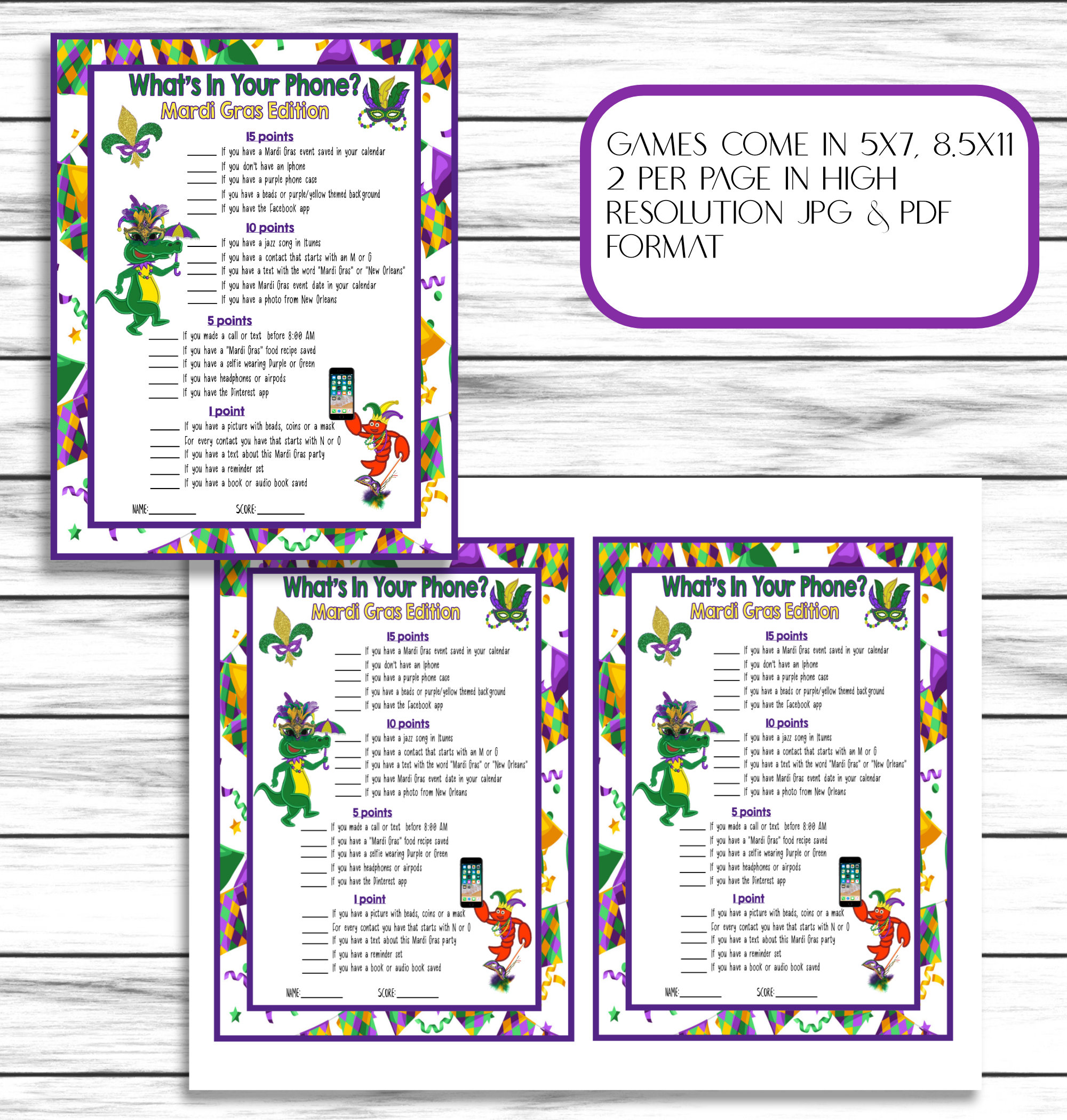 Mardi Gras Party Games,whats in Your Phone Game, Mardi Gras Game, Mardi ...