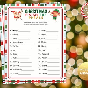 Printable Finish the Phrase Christmas Game,holiday Party Quiz Kids ...