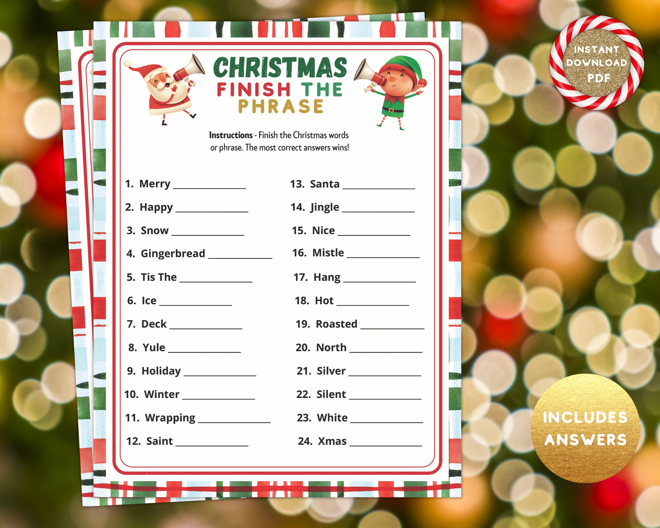 Printable Finish the Phrase Christmas Game,holiday Party Quiz Kids ...