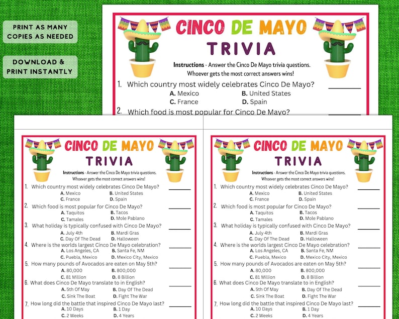 Printable Cinco De Mayo Trivia Party Game | Instant Download Classroom ...
