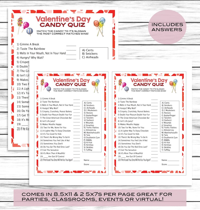 Valentines Day Candy Trivia Game, Virtual or Printable V-day Party Game ...