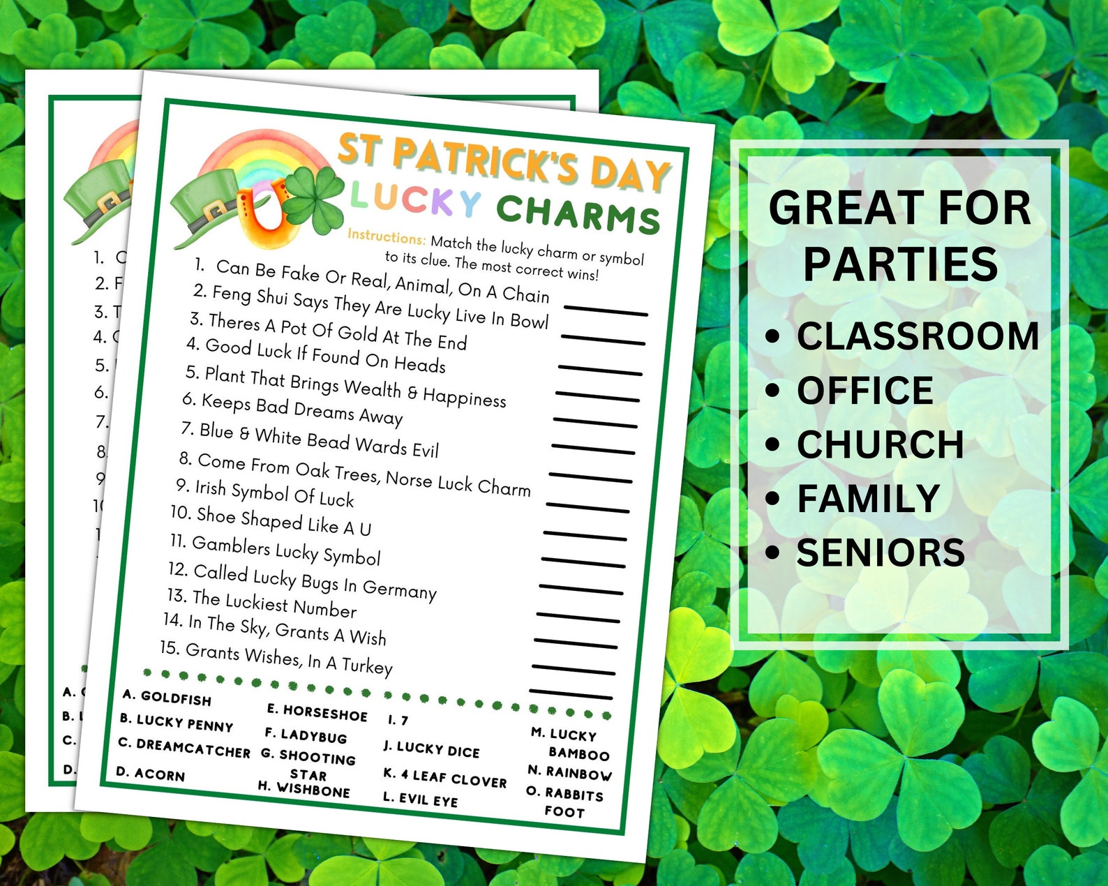 Printable St Patricks Day Lucky Charm Game Irish Quiz St - Etsy