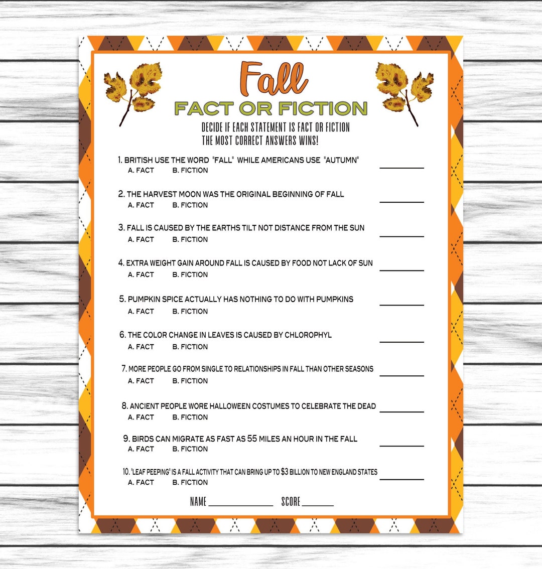Fall Fact or Fiction Trivia Game, Printable or Virtual Adults & Kids ...