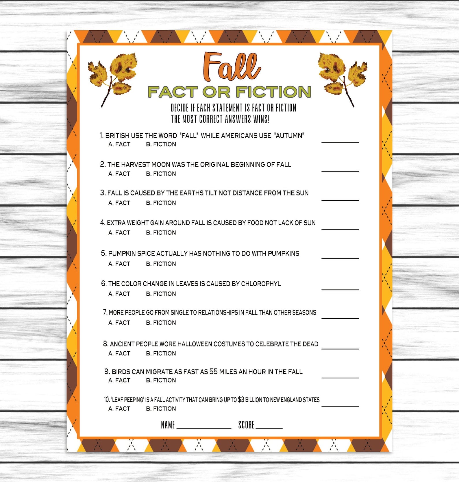 Fall Fact or Fiction Trivia Game, Printable or Virtual Adults & Kids ...