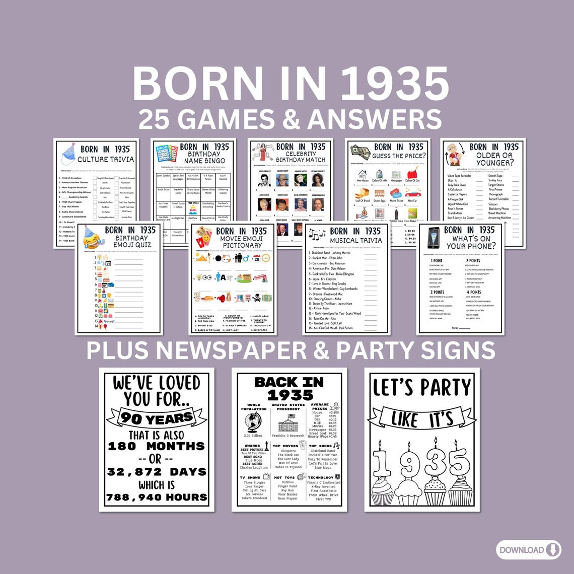 90th Birthday Printable Games Bundle | Born in 1935 Party Idea | 90th ...