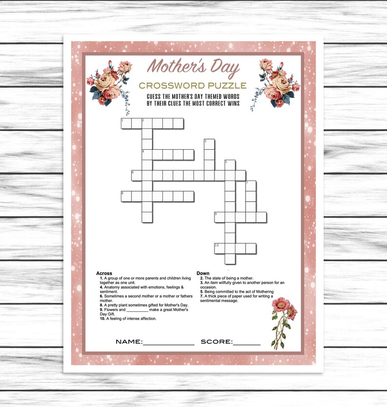 Mothers Day Crossword Puzzle Game Party Game Word Game for - Etsy