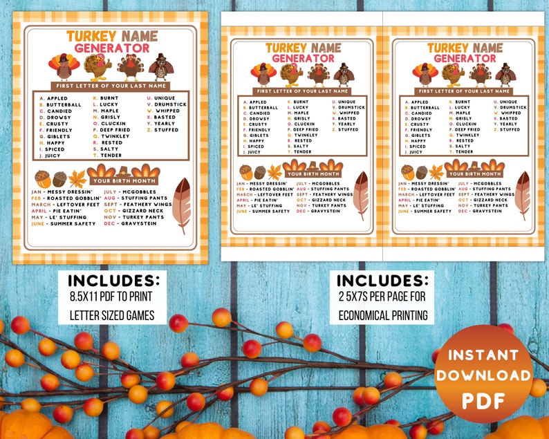 Thanksgiving Turkey Name Game, Printable or Virtual Turkey Day Name ...