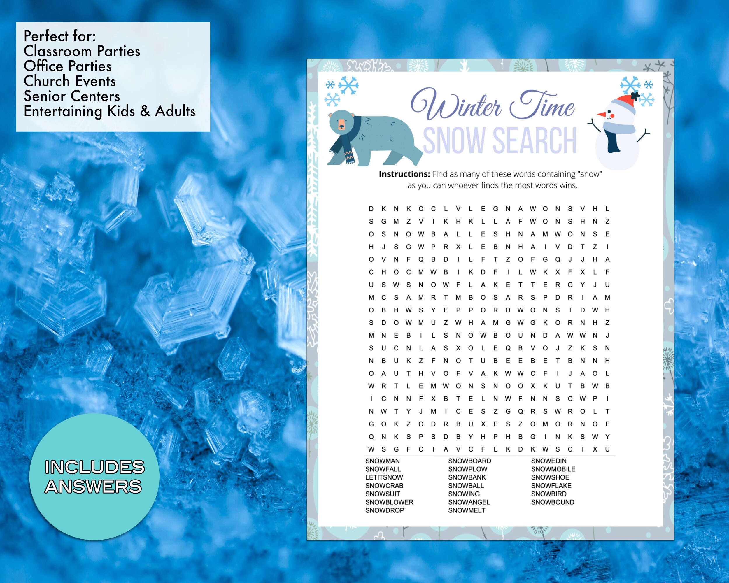 Snow Word Search Find Winter Party Game for Adults Kids - Etsy