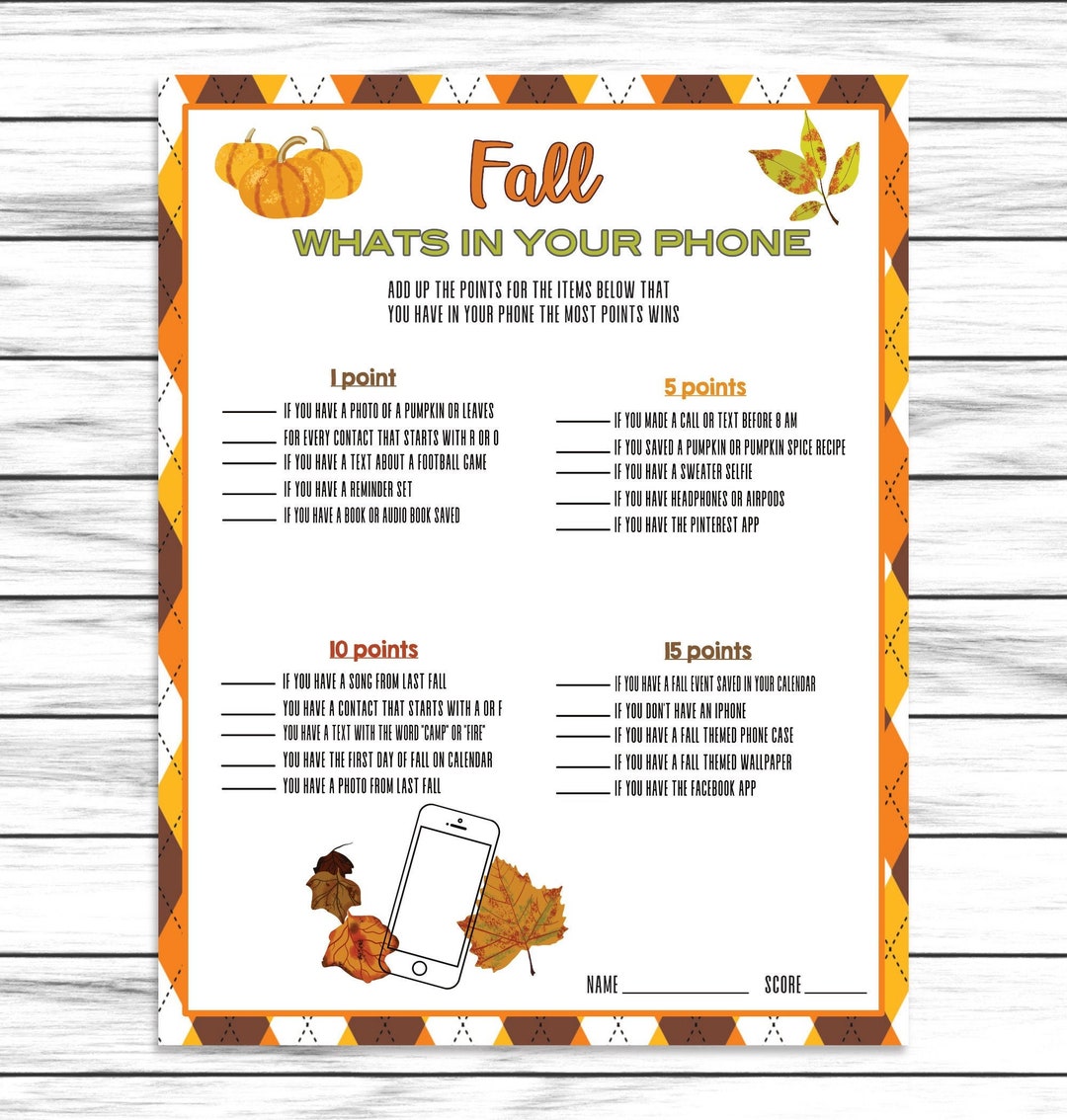 Fall Whats in Your Phone Game, Printable or Virtual Fun Game for Adults ...