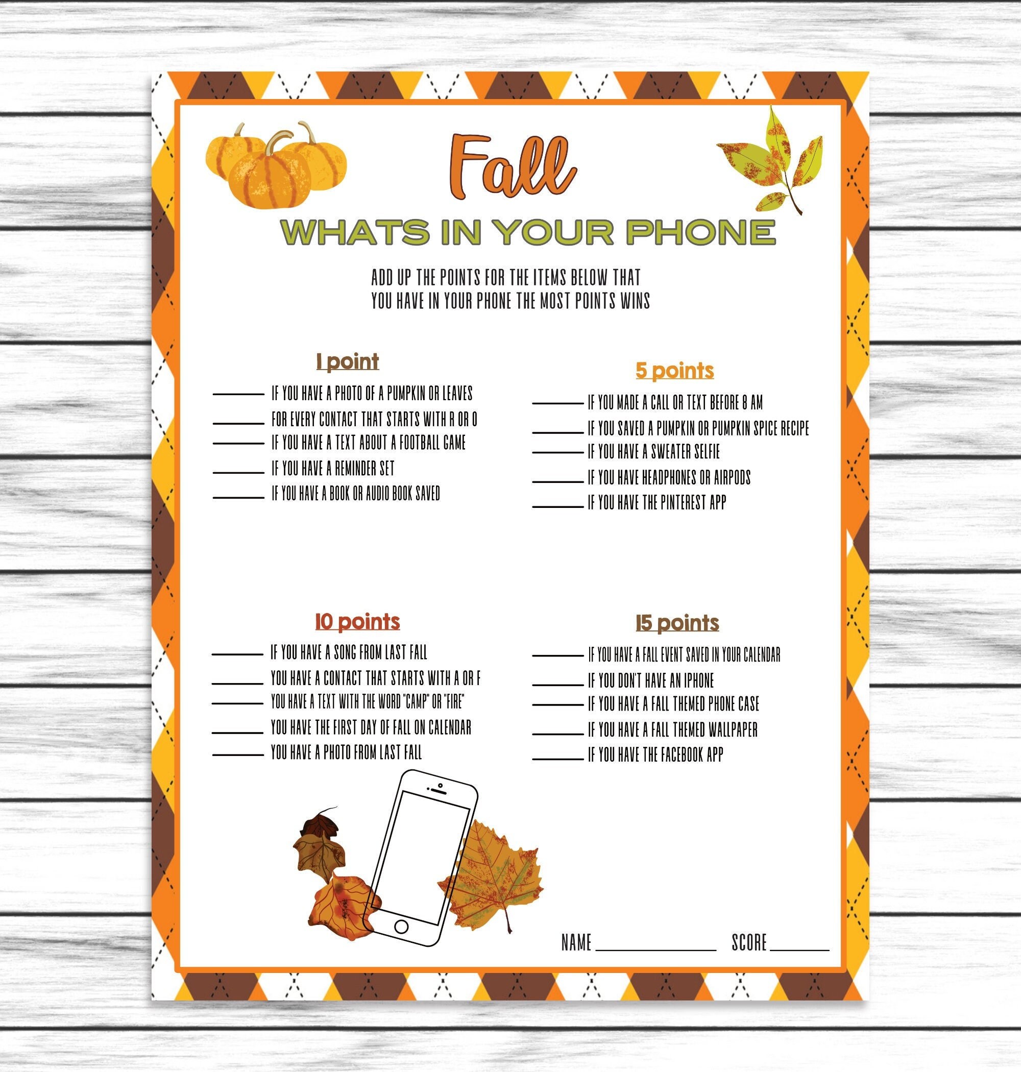 Fall Whats in Your Phone Game, Printable or Virtual Fun Game for Adults ...