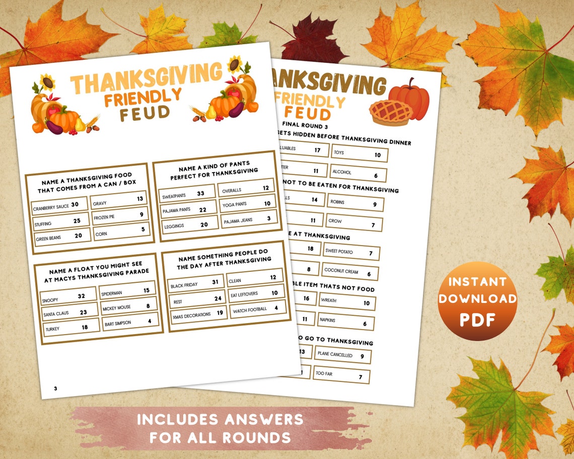 Thanksgiving Friendly Feud Games Turkey Day Trivia Game - Etsy
