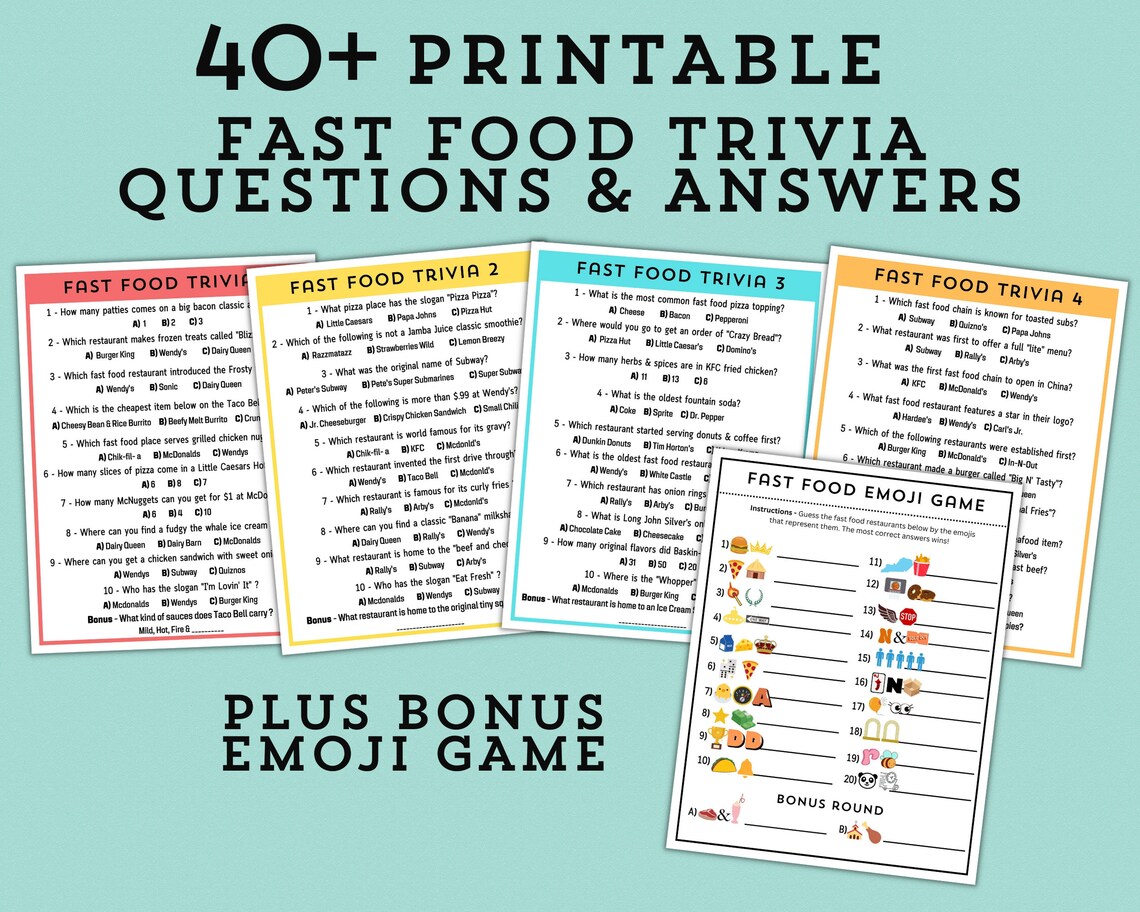Pub Trivia Food Game Bundle | Printable Fast Food Trivia & Emoji ...