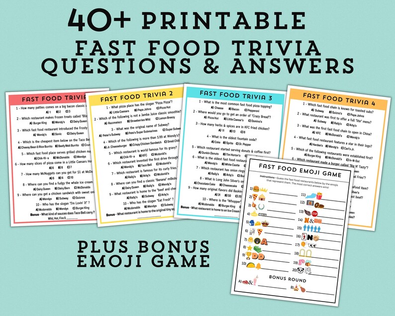 Pub Trivia Food Game Bundle | Printable Fast Food Trivia & Emoji ...