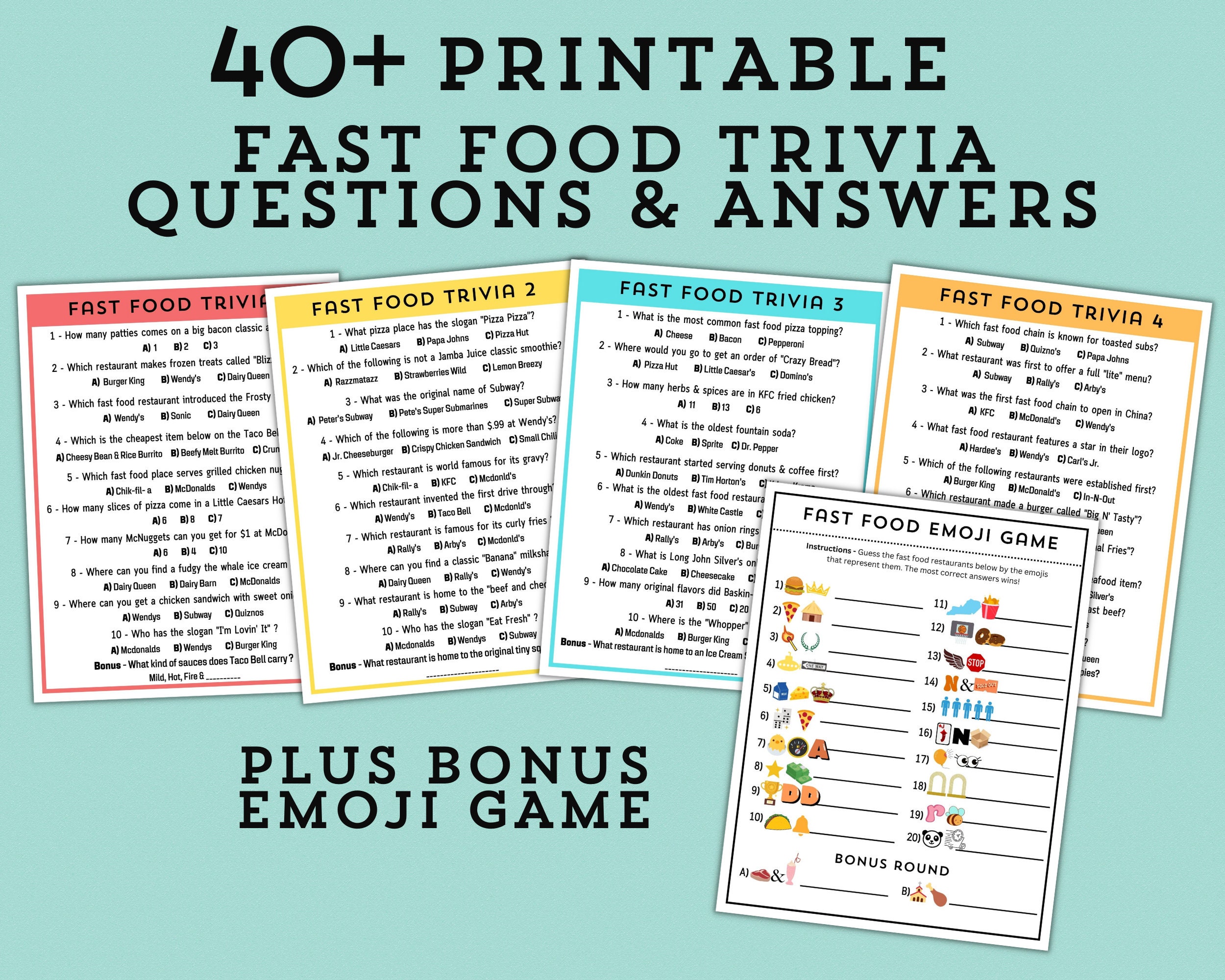 Pub Trivia Food Game Bundle | Printable Fast Food Trivia & Emoji ...